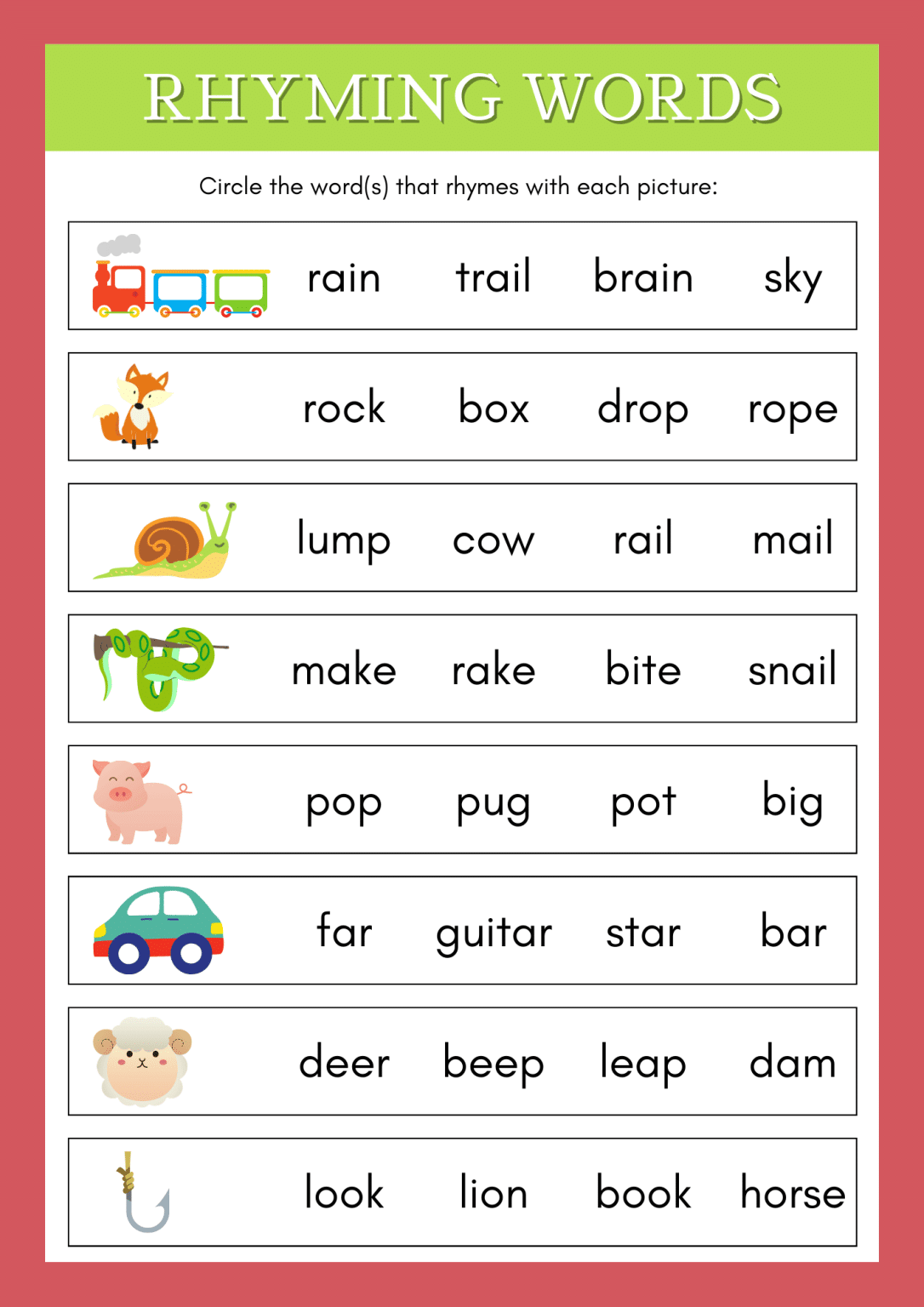 61 Easy Rhyming Words for Kids with Free Worksheets - Mothers Always Right